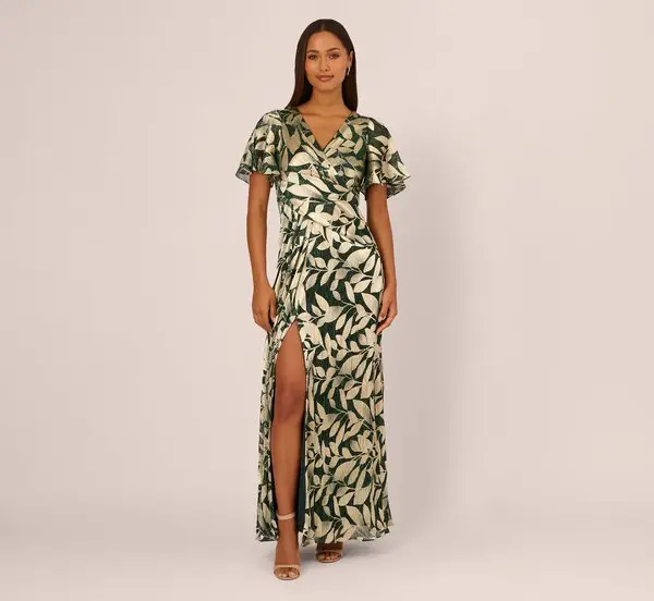 Adrianna Papell Foil Leaf Short Sleeve Gown With Draped Details In Green Pine Gold - Green Pine/gold