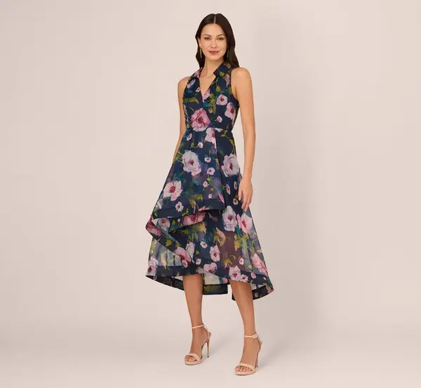 Adrianna Papell Floral Printed High Low Organza Halter Dress In Navy Multi - Navy/multi