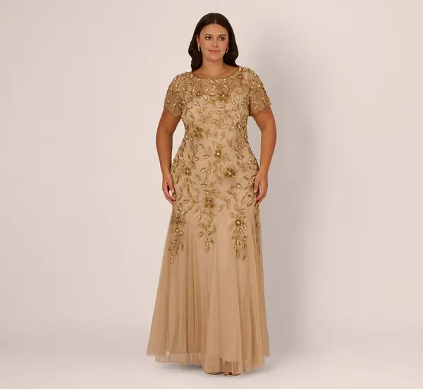 Adrianna Papell Hand Beaded Short Sleeve Floral Godet Gown - Champagne Gold