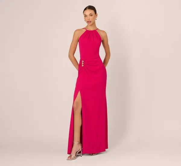 Adrianna Papell Gathered Stretch Crepe Halter Gown