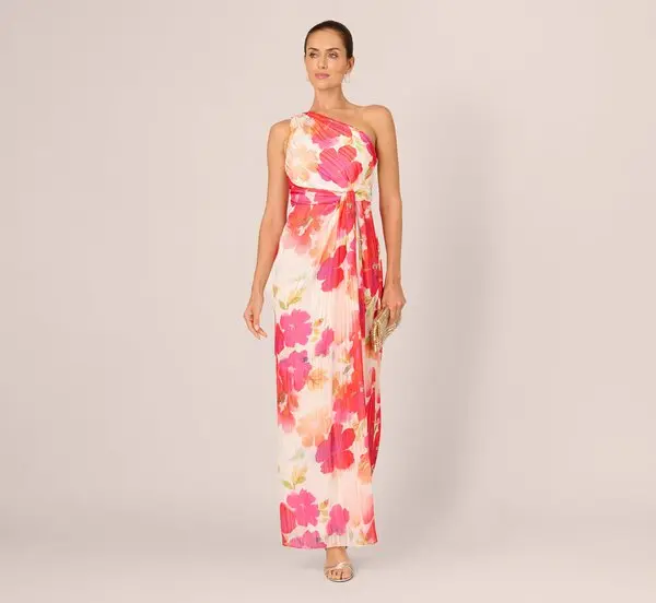 Adrianna Papell One Shoulder Watercolor Floral Stripe Gown In Ivory Pink Multi - Ivory/pink Multi