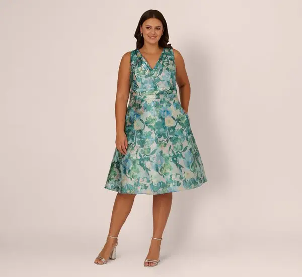 Adrianna Papell Metallic Floral Jacquard Midi A-line Dress