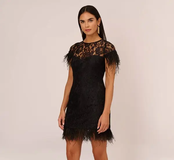 Adrianna Papell Floral Lace And Feather Trimmed Short Sheath Cocktail Dress - Black