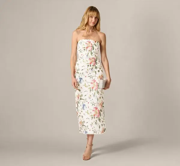 Adrianna Papell Strapless Floral Beaded Embroidery Midi Dress - Ivory Multi