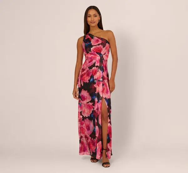 Adrianna Papell Floral Print Chiffon Gown With One Shoulder Neckline In Black Berry - Black/berry