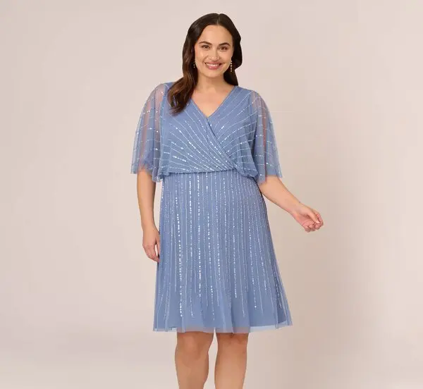 Adrianna Papell Hand Beaded Illusion Faux Wrap Short Cocktail Dress - French Blue
