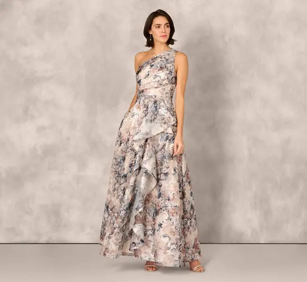 Aidan Mattox One Shoulder Floral Jacquard Gown With Ruffle Detail