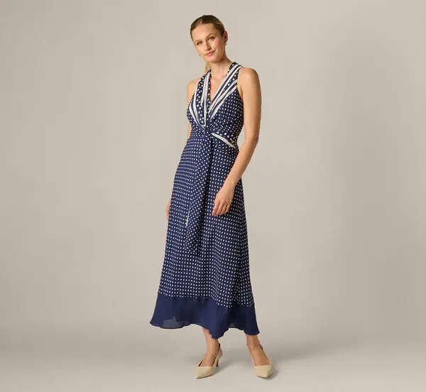 Adrianna Papell Dot Print Chiffon Halter Maxi Dress With Sash Waist - Navy/ivory