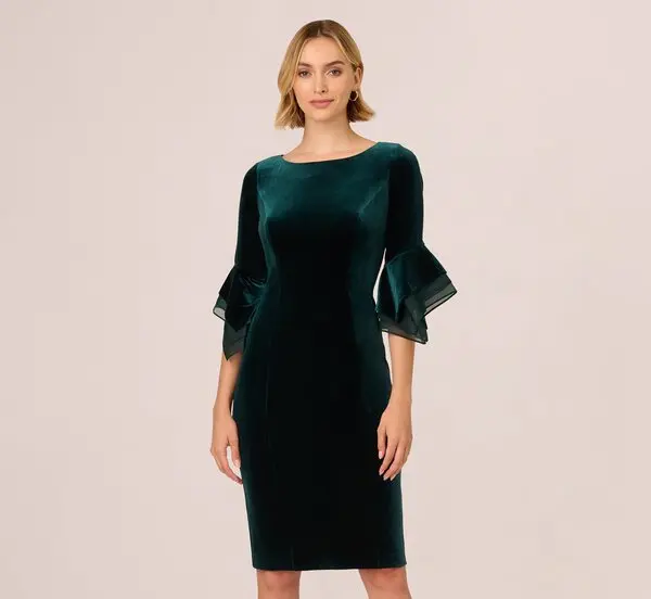 Adrianna Papell Velvet Sheath Dress With Tiered 3/4 Bell Sleeves - Hunter