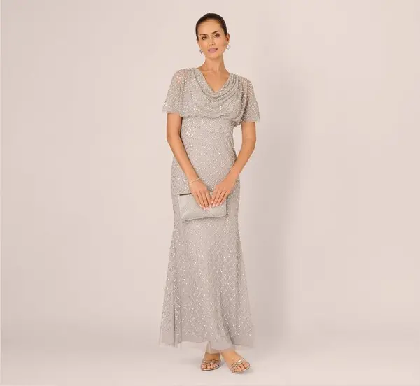 Adrianna Papell Diamond Beaded Cowl Gown