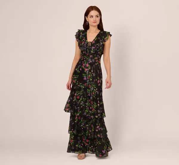 Adrianna Papell Floral Tiered Chiffon Gown With Flutter Sleeves - Black Multi