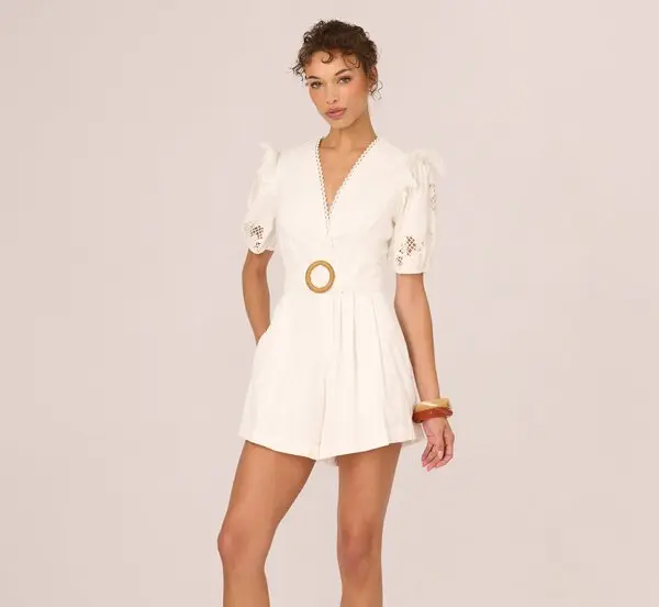 Adrianna Papell Puff Sleeve Lace Romper - Ivory