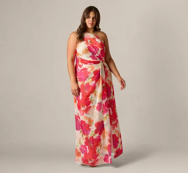 Adrianna Papell One Shoulder Watercolor Floral Stripe Gown In Ivory Pink Multi - Ivory/pink Multi