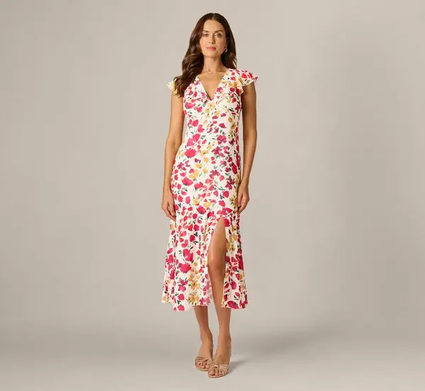 Adrianna Papell Floral Print Midi Dress With Flounce Collar - Ivory Multi