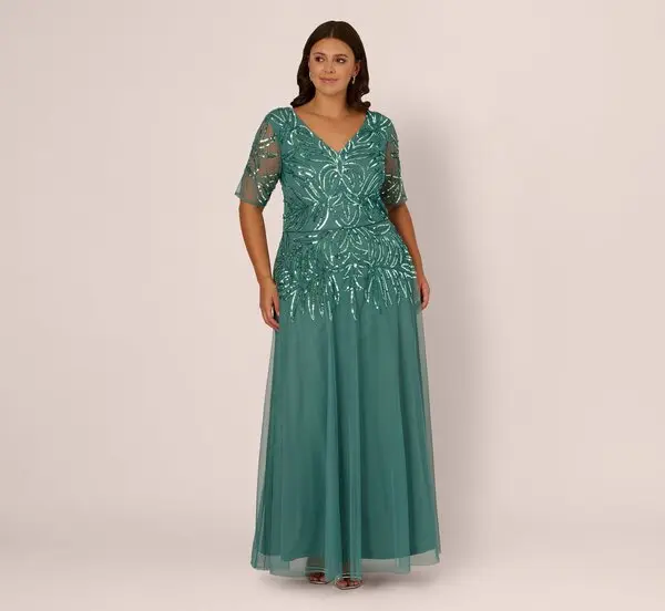 Adrianna Papell Beaded Mesh Long Dress - Green Slate