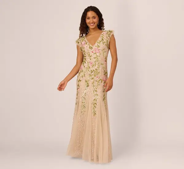 Adrianna Papell Floral Beaded Mermaid Gown With Flutter Cap Sleeves - Light Champagne