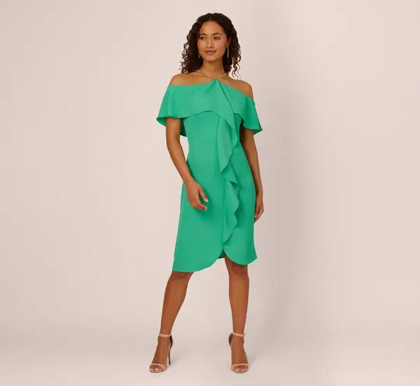 Adrianna Papell Ruffle Popover Midi Dress With Chain Halter Neckline - Flora Green