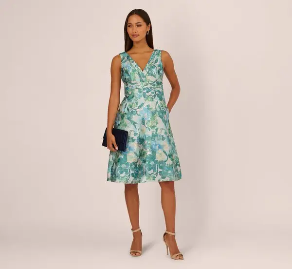 Adrianna Papell Metallic Floral Jacquard Midi Dress - Blue Multi