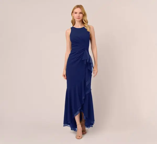 Adrianna Papell High Low Crepe Halter Gown With Organza Draping - Navy Sateen
