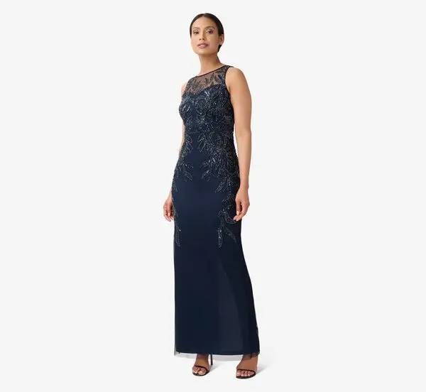 Adrianna Papell Hand-beaded Sleeveless Slim Column Gown - Midnight