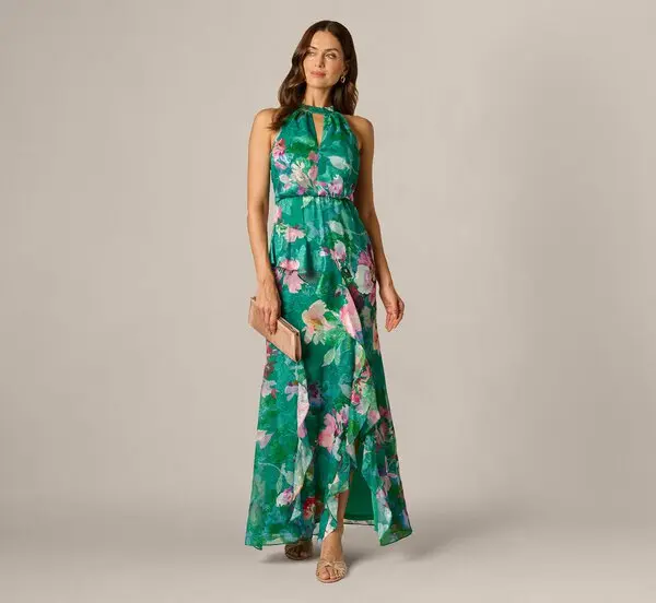 Adrianna Papell Floral Chiffon Blouson Ruffle Halter Gown
