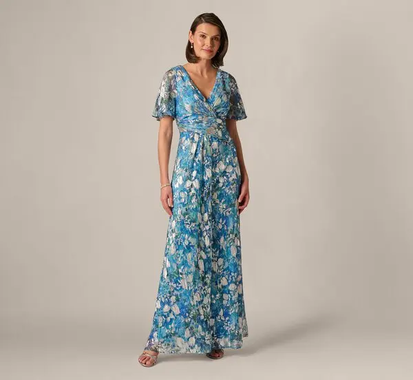 Adrianna Papell Flutter Sleeve Crinkle Foil Floral Gown