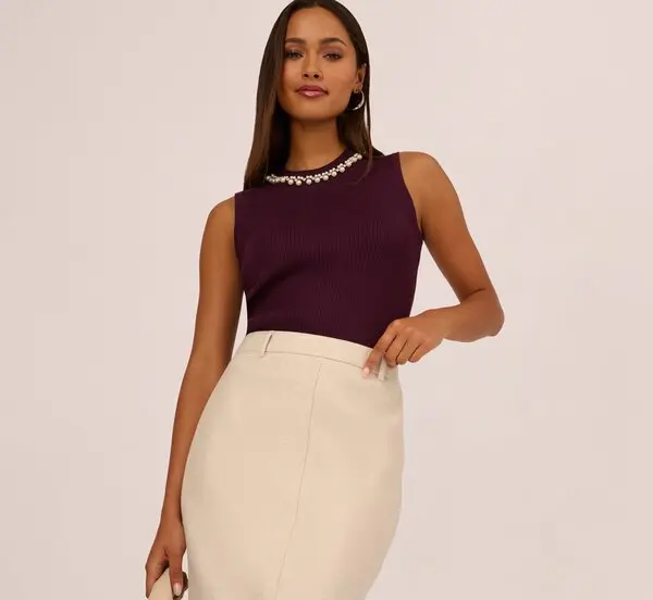 Adrianna Papell Sleeveless Knit Top With Beaded Collar