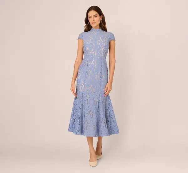 Adrianna Papell Cap Sleeve Lace Midi Dress In French Blue Nude - French Blue/nude