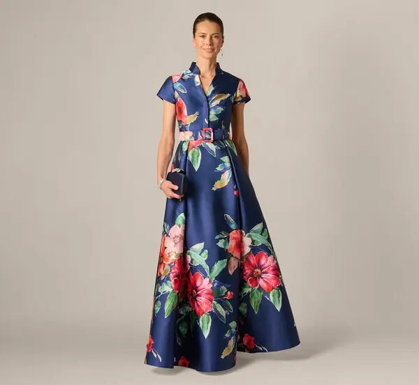 Adrianna Papell Short Sleeve Magnolia Floral Ballgown - Navy Multi