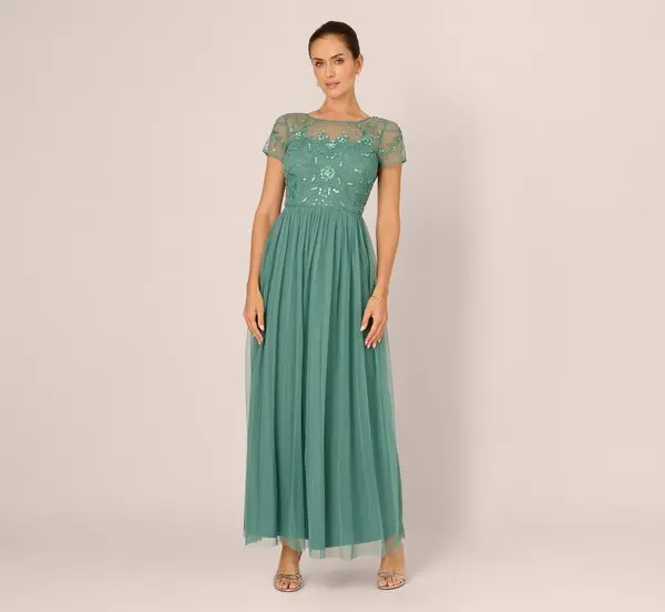 Adrianna Papell Short Sleeve A Line Beaded Illusion Dress - Green Slate
