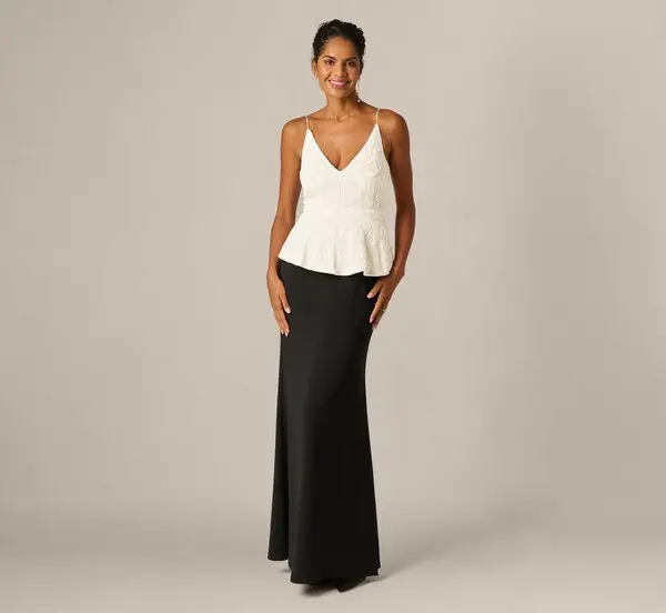 Adrianna Papell Pearly Beaded Peplum Combo Gown In Black Ivory - Black/ivory