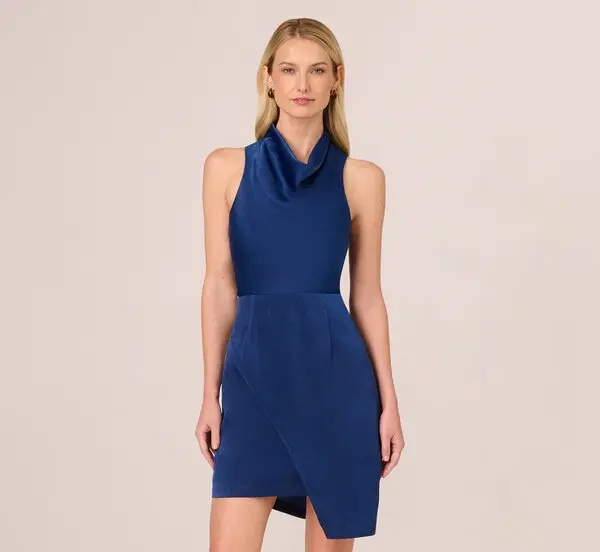 Adrianna Papell Satin Sleeveless Asymmetric Dress With Draped Neckline - Navy