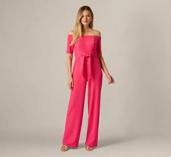 Adrianna Papell Off-the-shoulder Tie-front Stretch Jumpsuit - Camellia