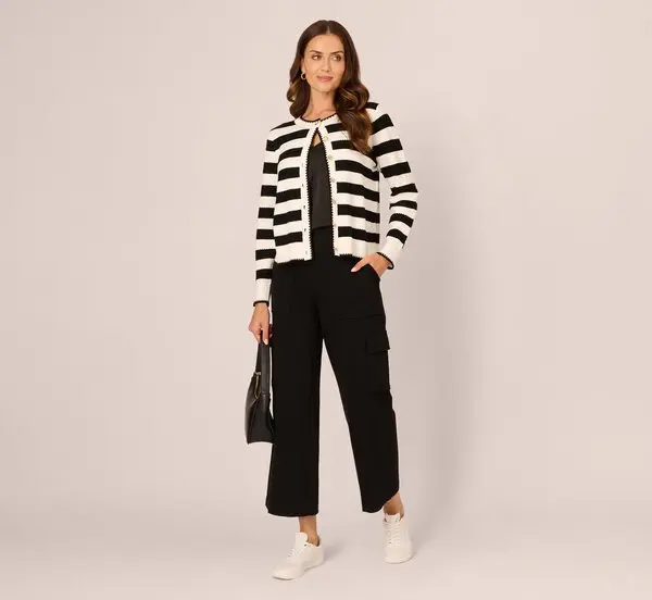 Adrianna Papell Textured Knit Striped Cardigan Sweater - Ivory/black