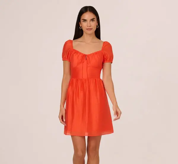 Adrianna Papell Shirred Fit And Flare Dress With Puff Short Sleeves - Orange Spice