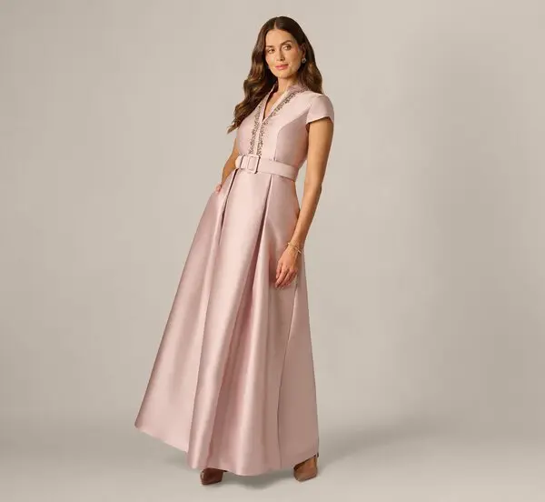 Adrianna Papell Cap Sleeve Beaded Collar Ballgown