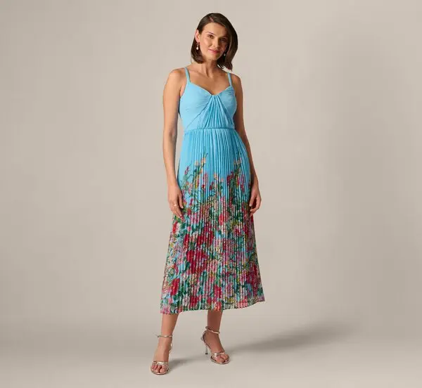 Adrianna Papell Pleated Wildflower Border Midi Dress - Light Blue Multi