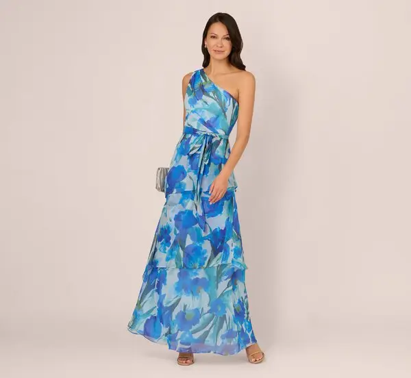 Adrianna Papell One-shoulder Floral Chiffon Gown