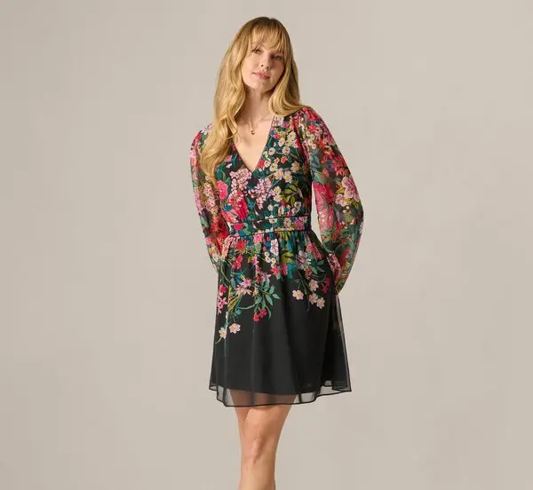 Adrianna Papell Floral Print Fit & Flare Mini Dress - Black Multi