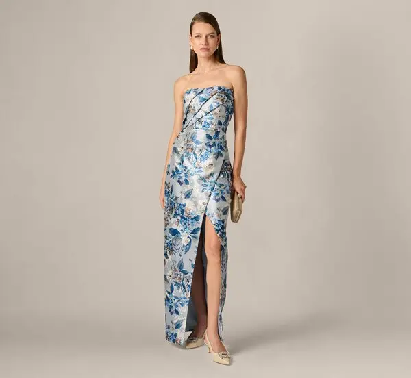 Aidan Mattox Strapless Pleated Floral Jacquard Wrap Gown