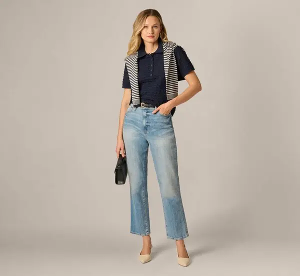 Adrianna Papell Short Sleeve Pointelle Polo Top