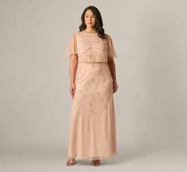 Adrianna Papell Flutter Sleeve Blouson Beaded Gown - Blush