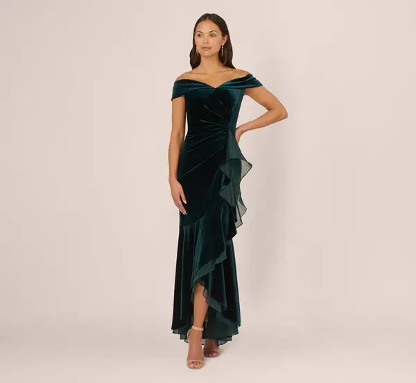 Adrianna Papell Off The Shoulder Velvet Mermaid Gown With Organza Ruffle - Hunter