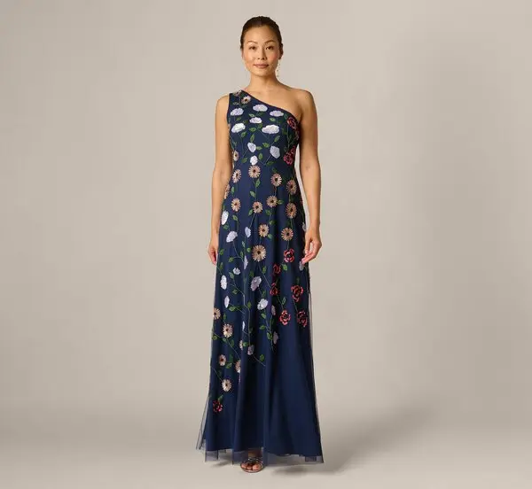 Adrianna Papell One-shoulder Floral Beaded Gown