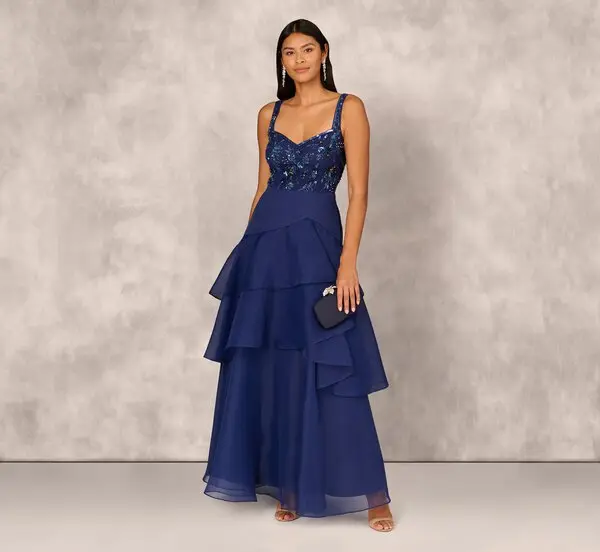 Aidan Mattox Tiered Organza Gown With Beaded Bodice