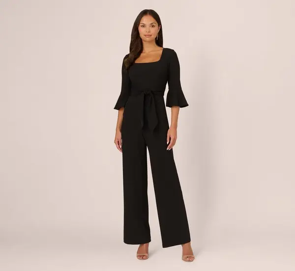 Adrianna Papell Knit Crepe Wide Leg Jumpsuit With Bell Sleeves - Black
