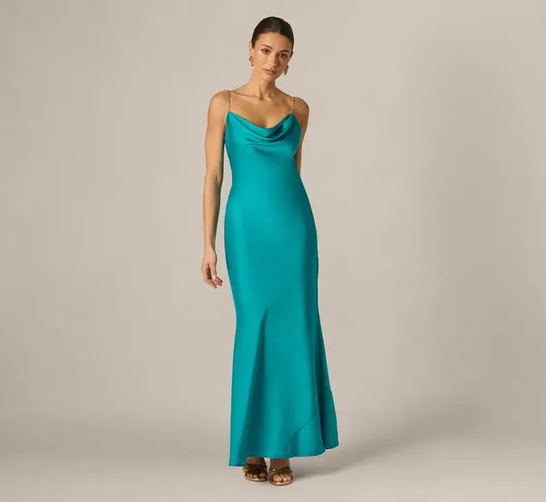 Adrianna Papell Stretch Satin Cross Back Cowl Neck Gown - Turquoise