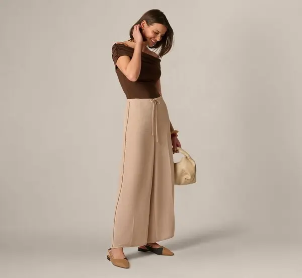 Adrianna Papell Wide Leg Braided Trim Pants - Bamboo