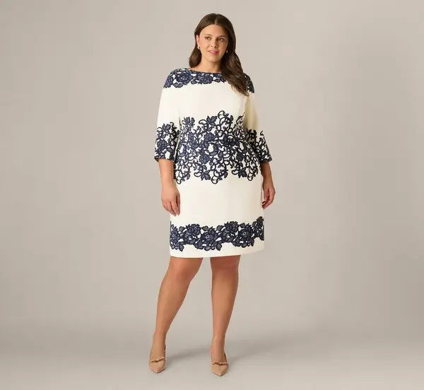 Adrianna Papell Scroll Lace Midi Dress With Three Quarter Sleeves In Ivory Navy - Ivory/navy