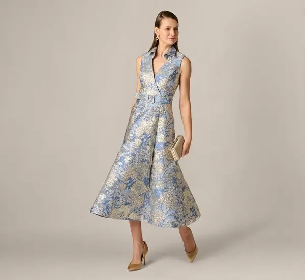 Aidan Mattox Hydrangea Floral Jacquard Collared Midi Dress
